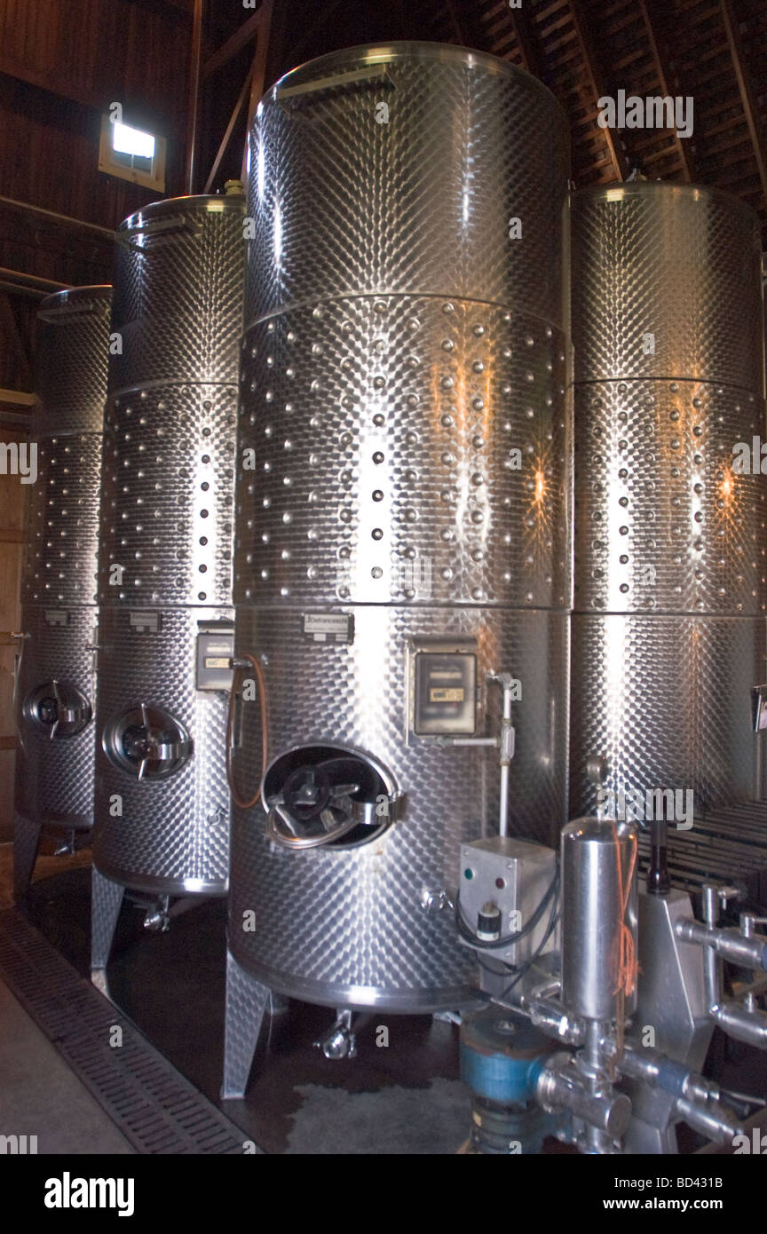 Stainless steel vats for wine production in Finger Lakes winery, Cayuga ...