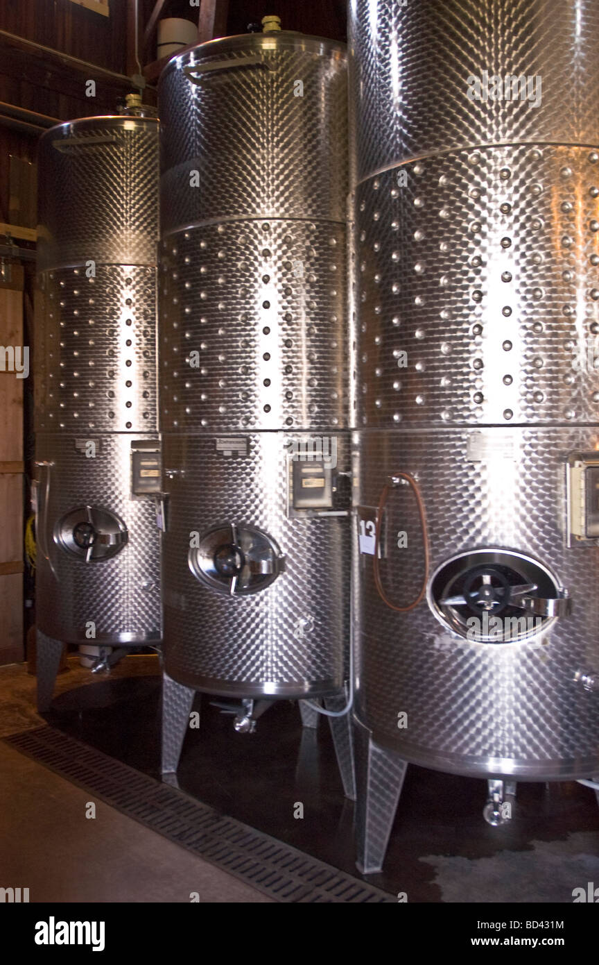 Stainless steel vats for wine production in Finger Lakes winery, Cayuga ...
