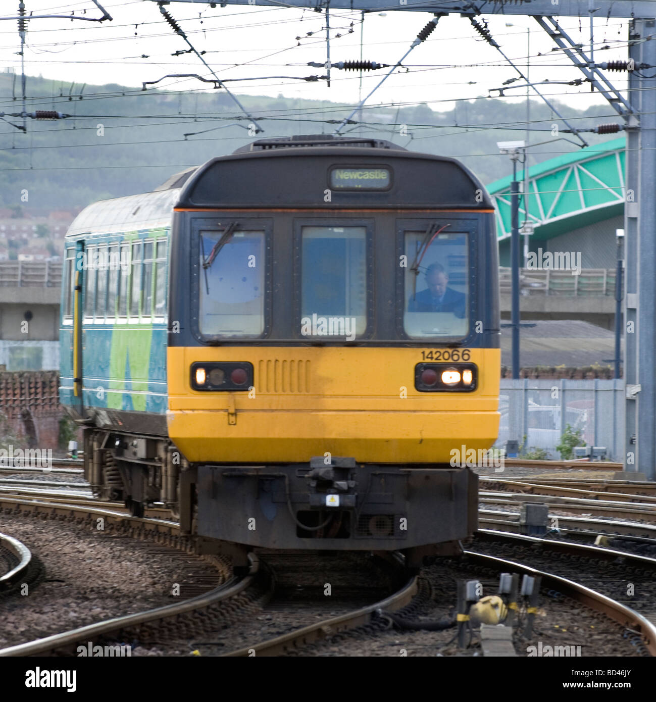 British Class 142 commuter train approaches Newcastle station ...