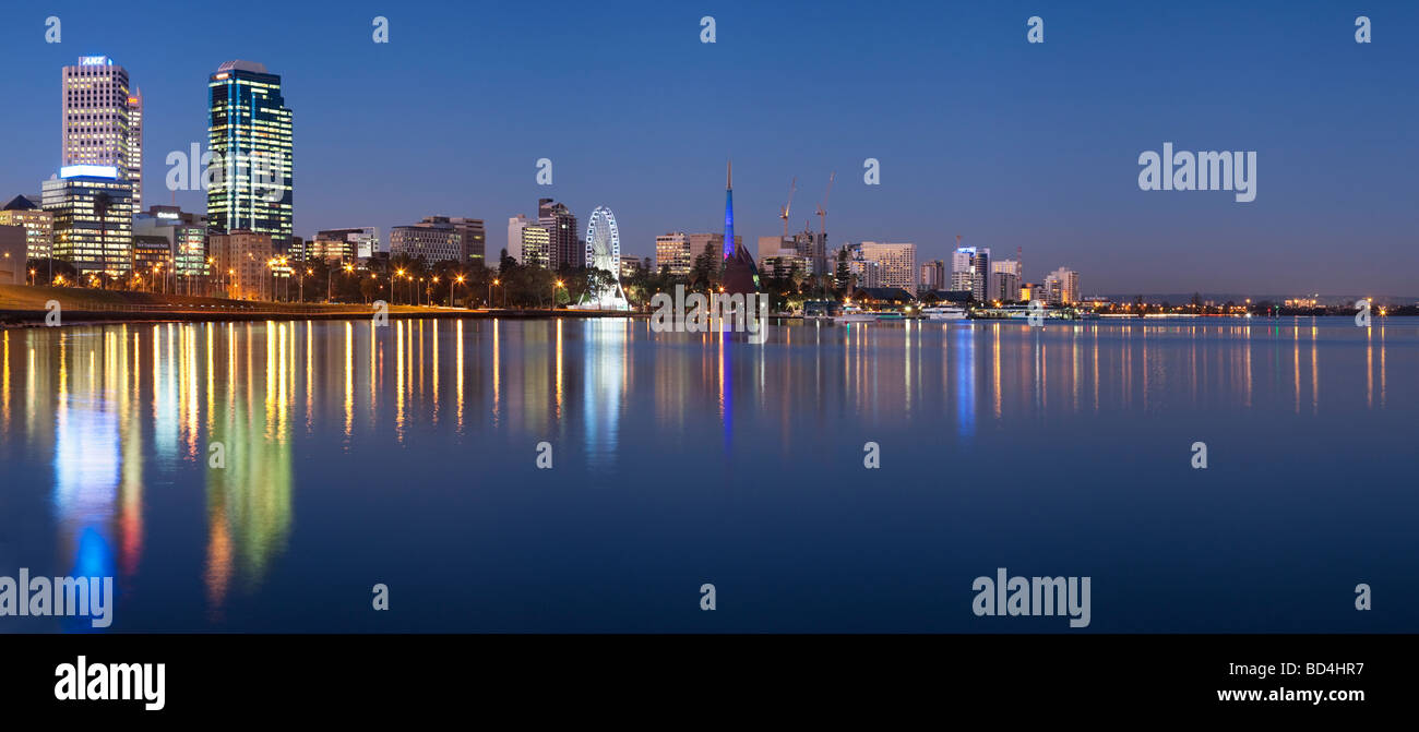 The waterfront foreshore reflected in the Swan River at night Stock ...