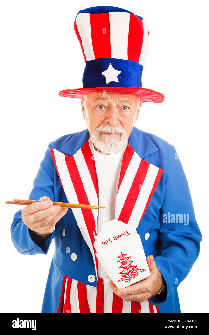 American icon Uncle Sam eating Chinese takeout food with chop sticks ...