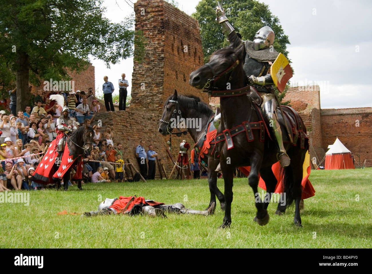Medieval cavalry knight on military horses won the fight with swords ...