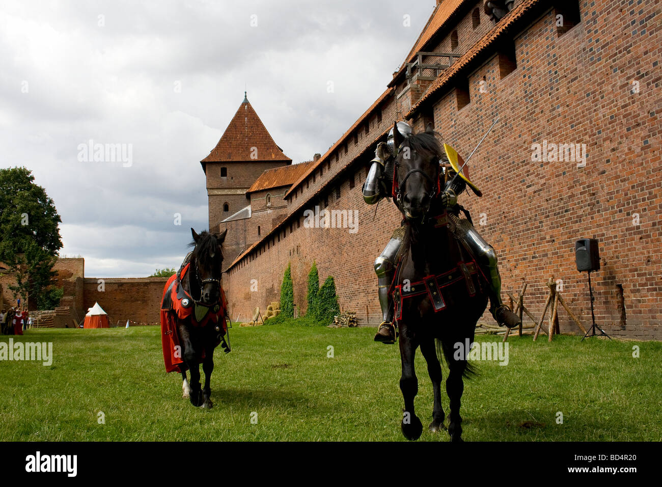 Medieval cavalry knight triumphing after fight. Taken in Malbork ...