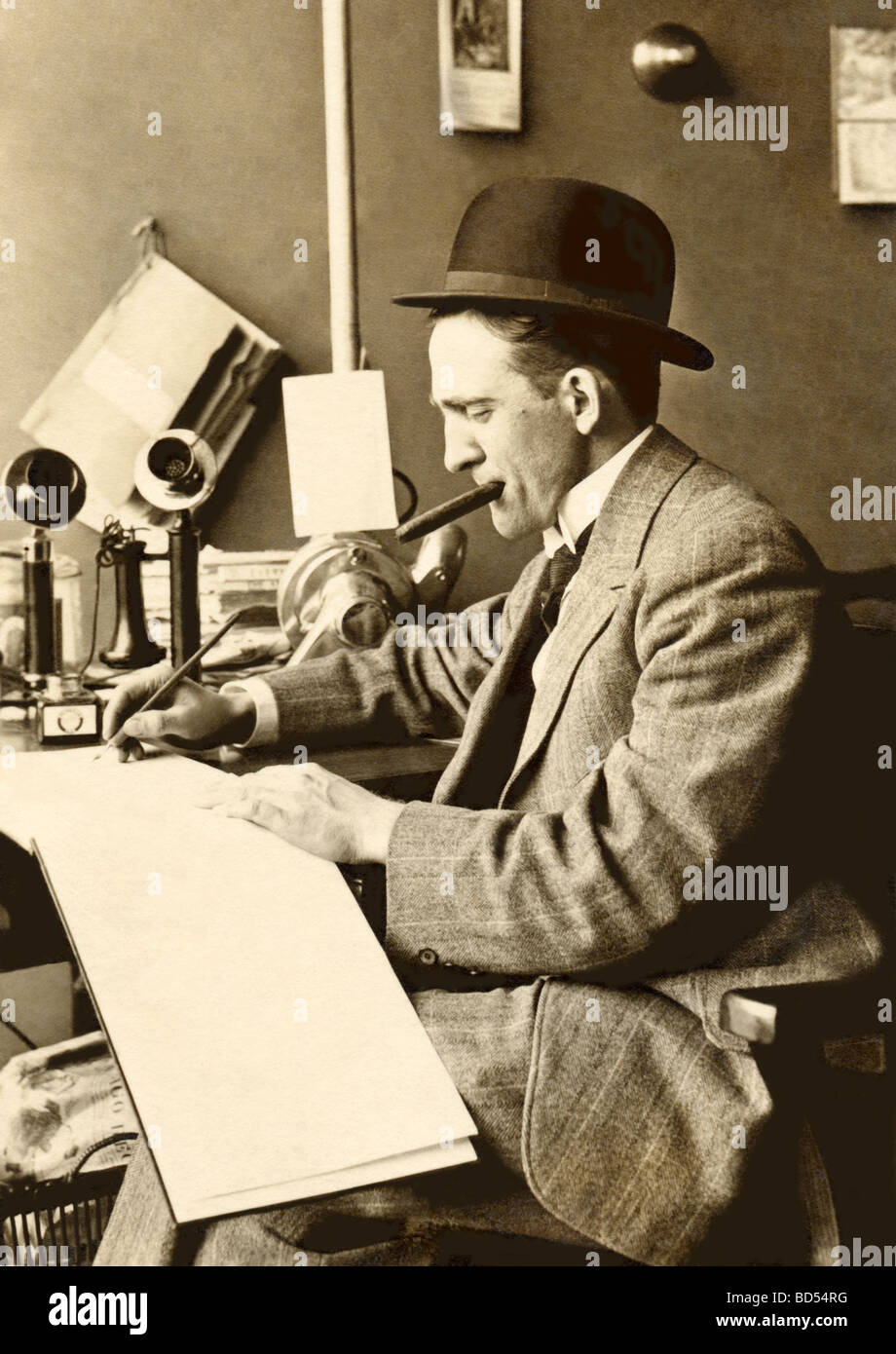 Cigar Smoking Man Writing in Ledger Book in Office Stock Photo - Alamy