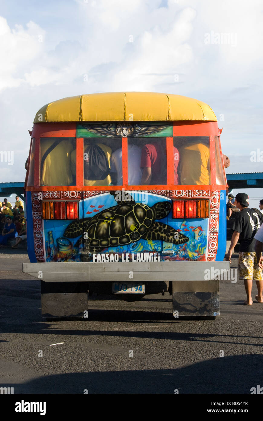 Turtle painted on back of brightly coloured bus in Apia, Western Samoa ...