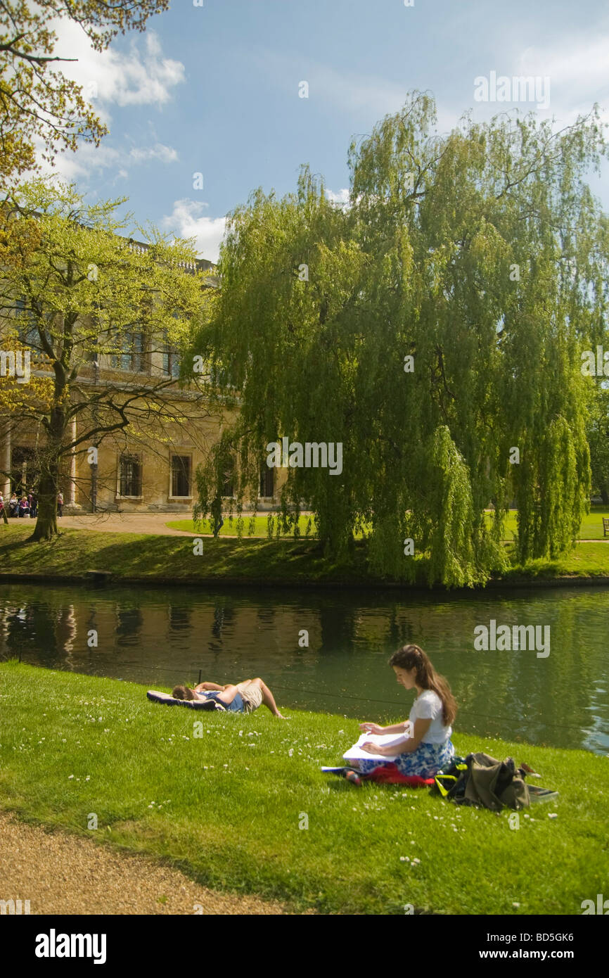 Cambridge university student studying by river cam Stock Photo - Alamy