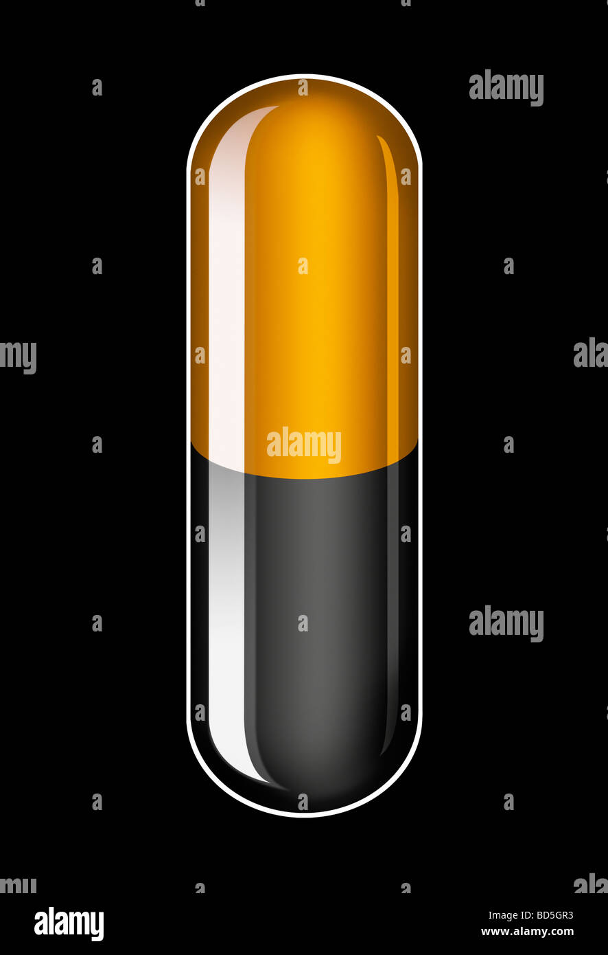 Illustration of a single Generic Yellow and Black capsule on a black ...