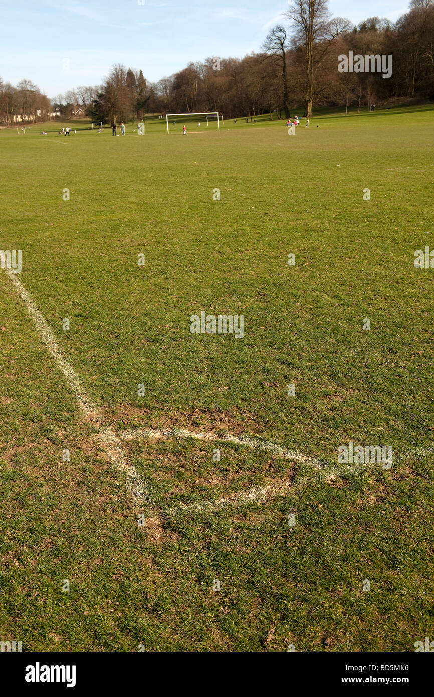View from corner flag of UK football pitch Stock Photo - Alamy