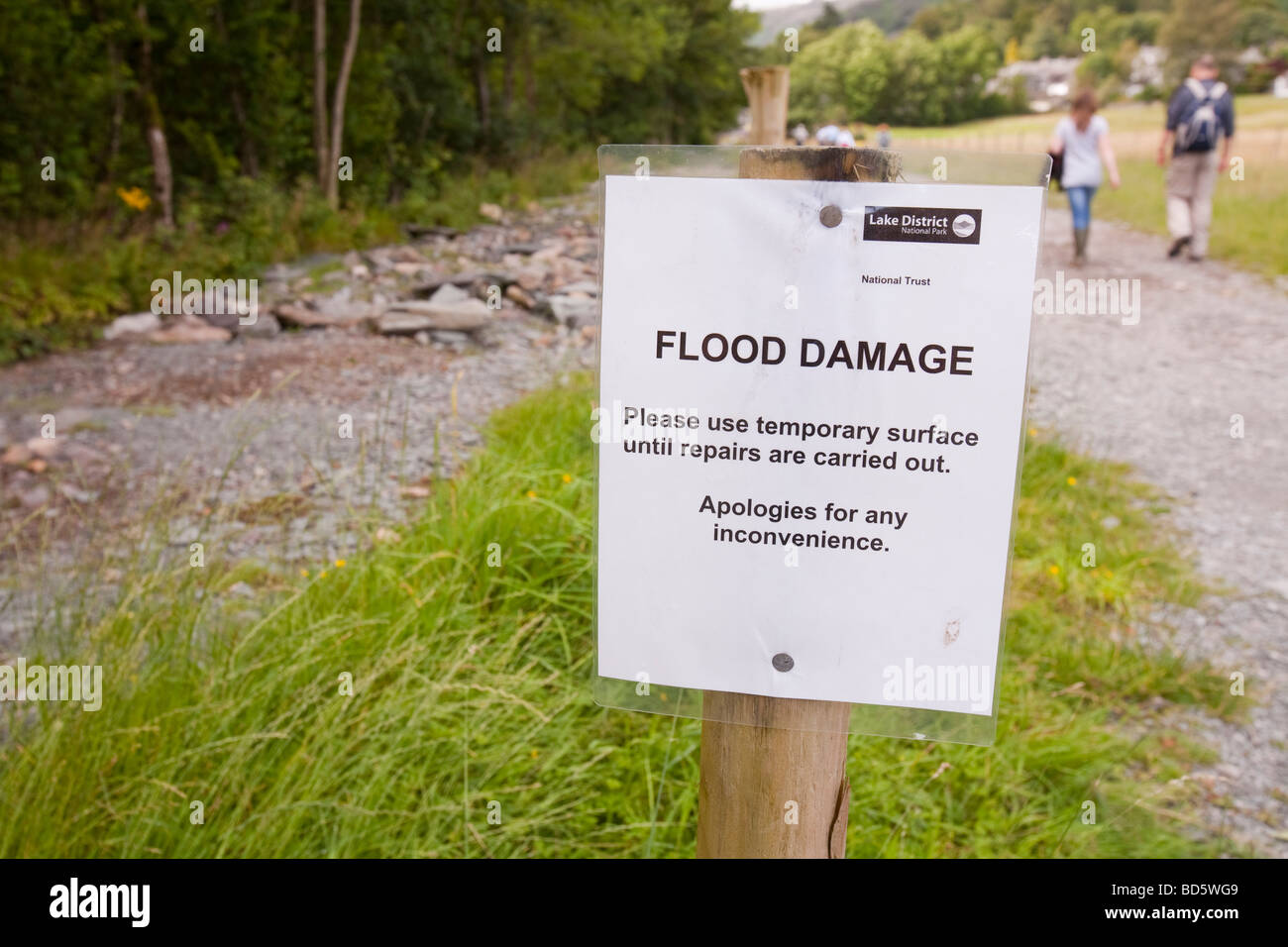 A flood damage sign near Elterwater in the Lake district after flooding ...
