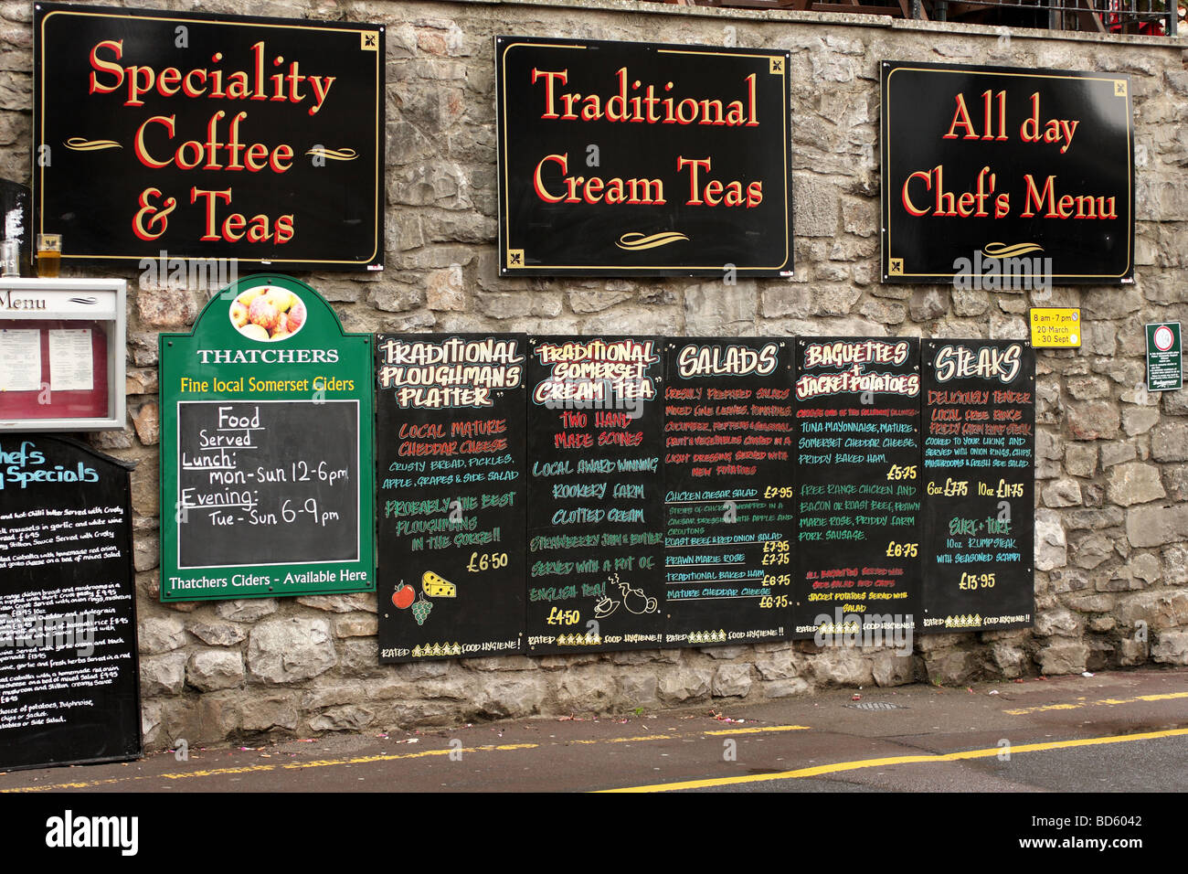 Signs outside the Gallery's Pub in Cheddar Stock Photo - Alamy