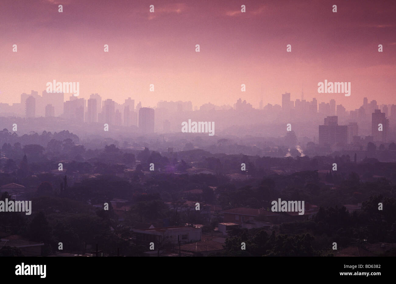 Air pollution Sunset in São Paulo city Brazil Urban landscape buildings ...