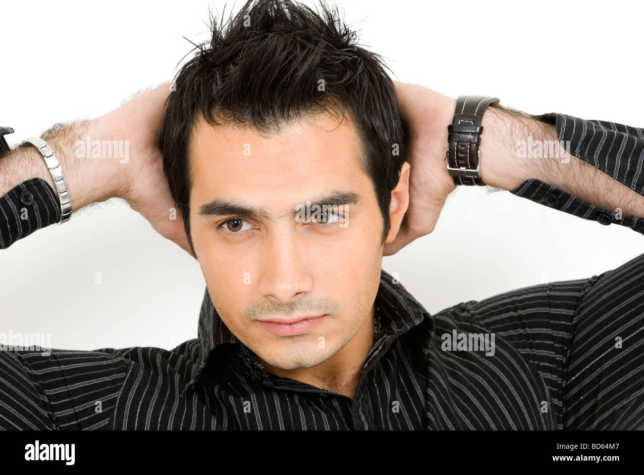 Man hands behind head Stock Photo - Alamy