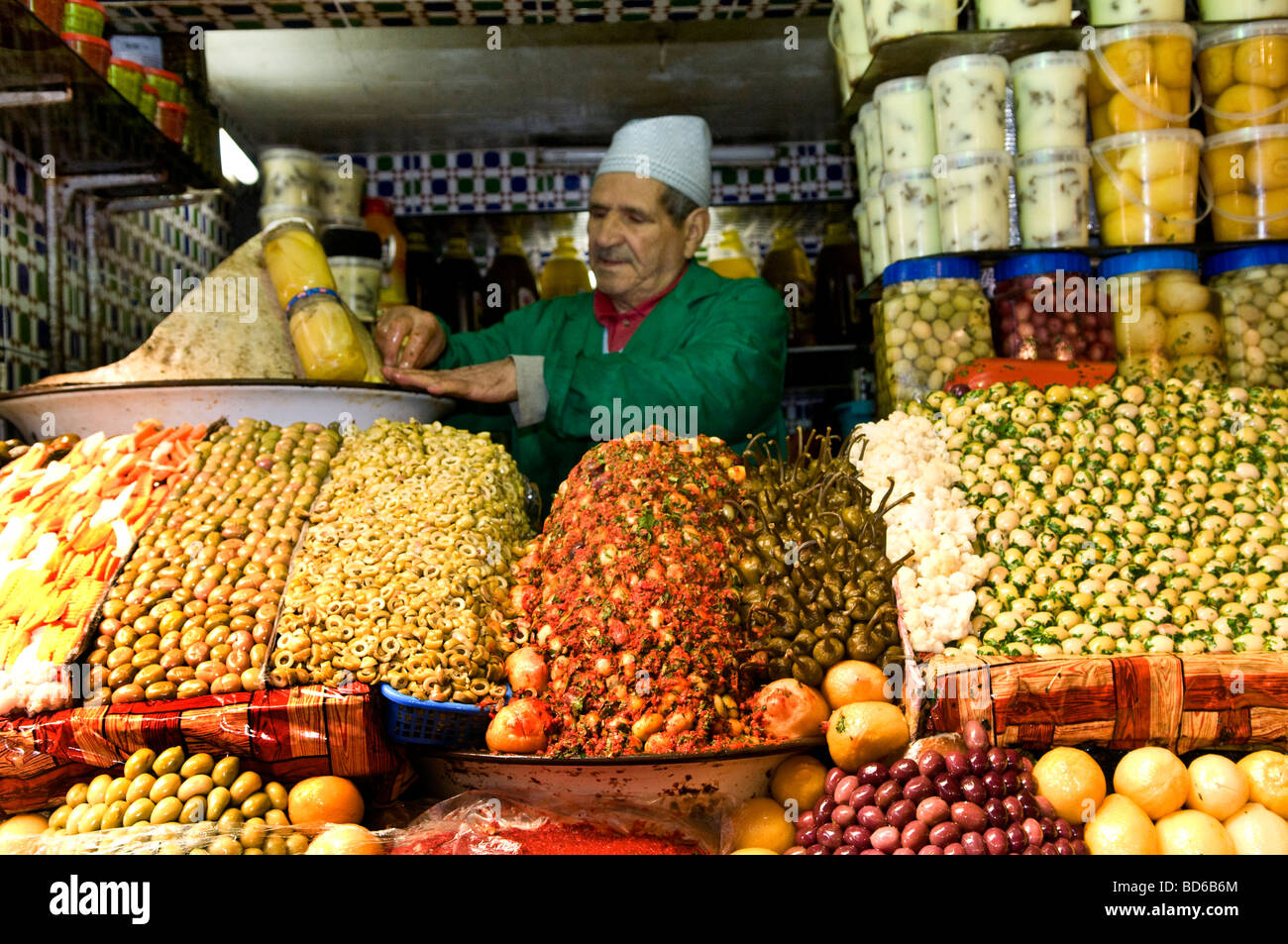 Tasty Moroccan olives sold in every market bazaar in Morocco Stock ...
