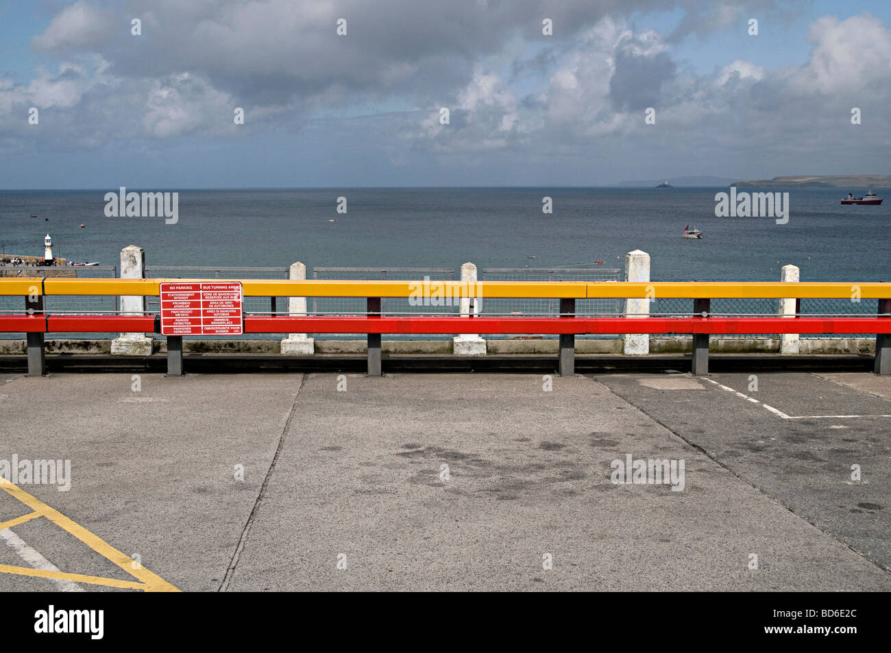 the view out from st ives bus terminus over the sea with bright barrier ...