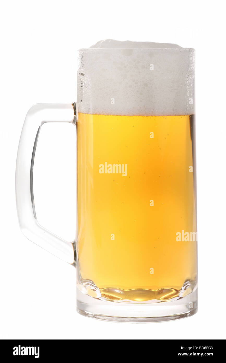Mug full of delicious golden beer with a big handle isolated on white ...