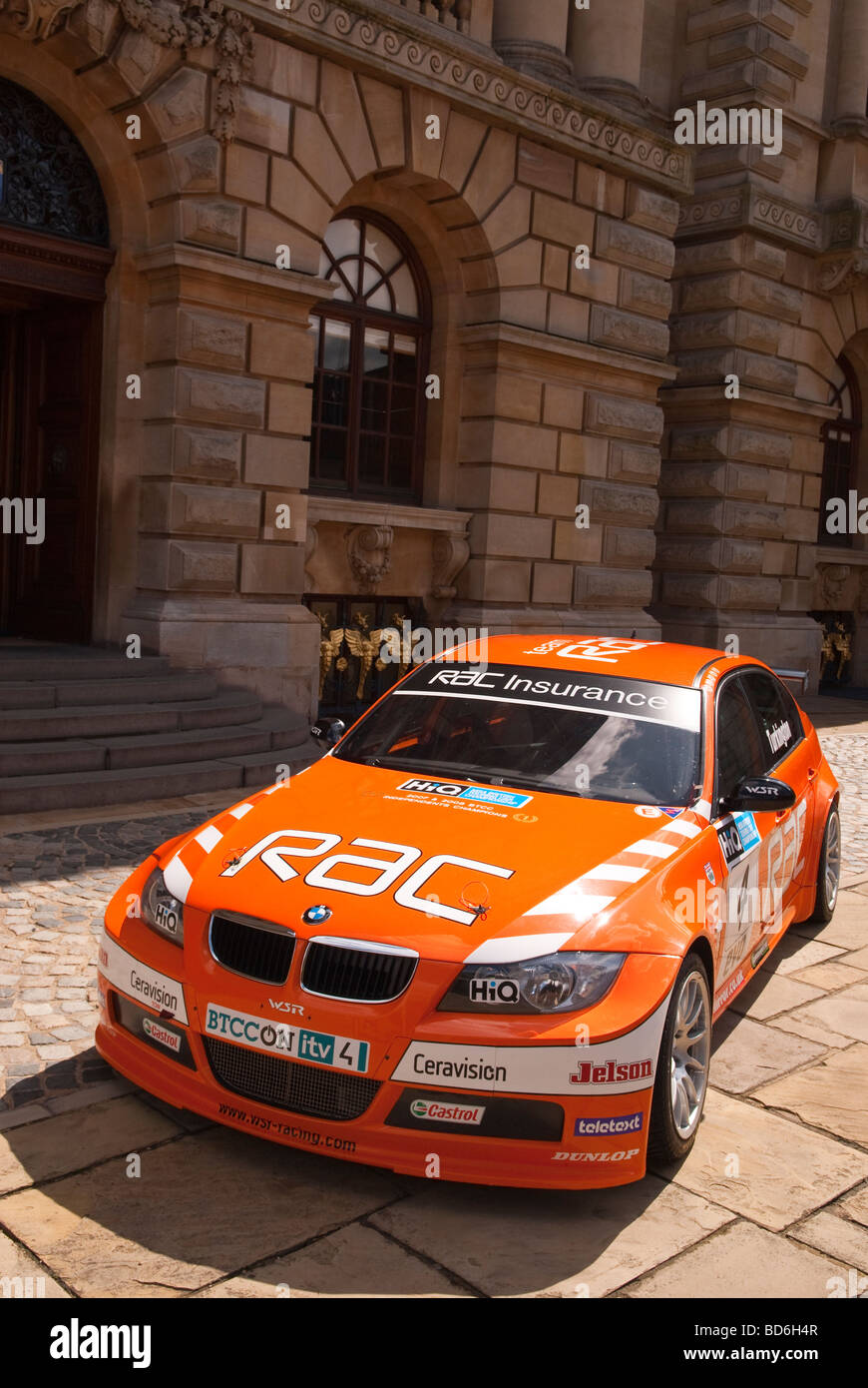 A BMW race spec touring car in the RAC racing colours parked in Norwich ...