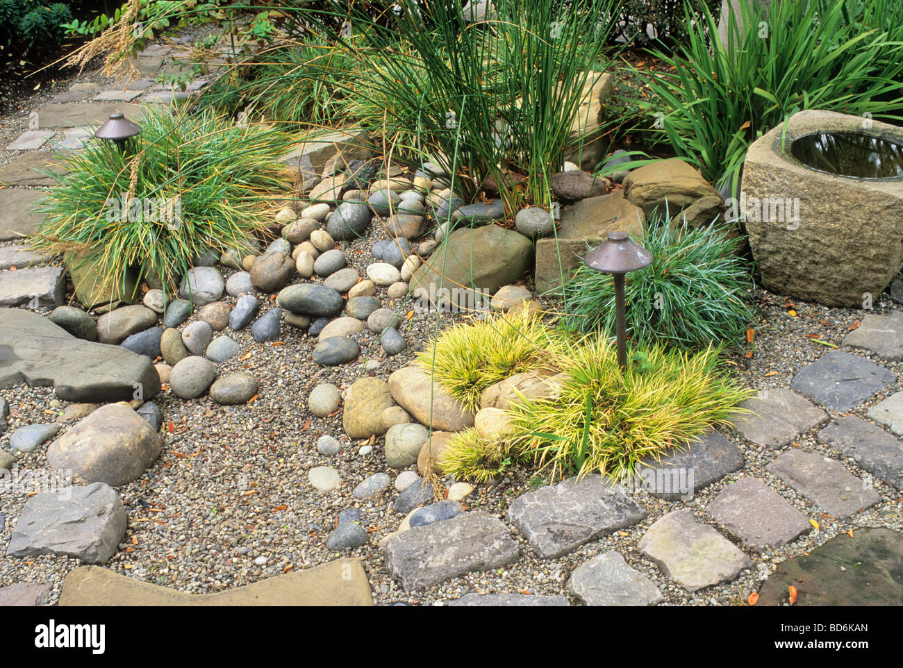 Rain garden Rock basin to collect rain water in garden Stock Photo - Alamy