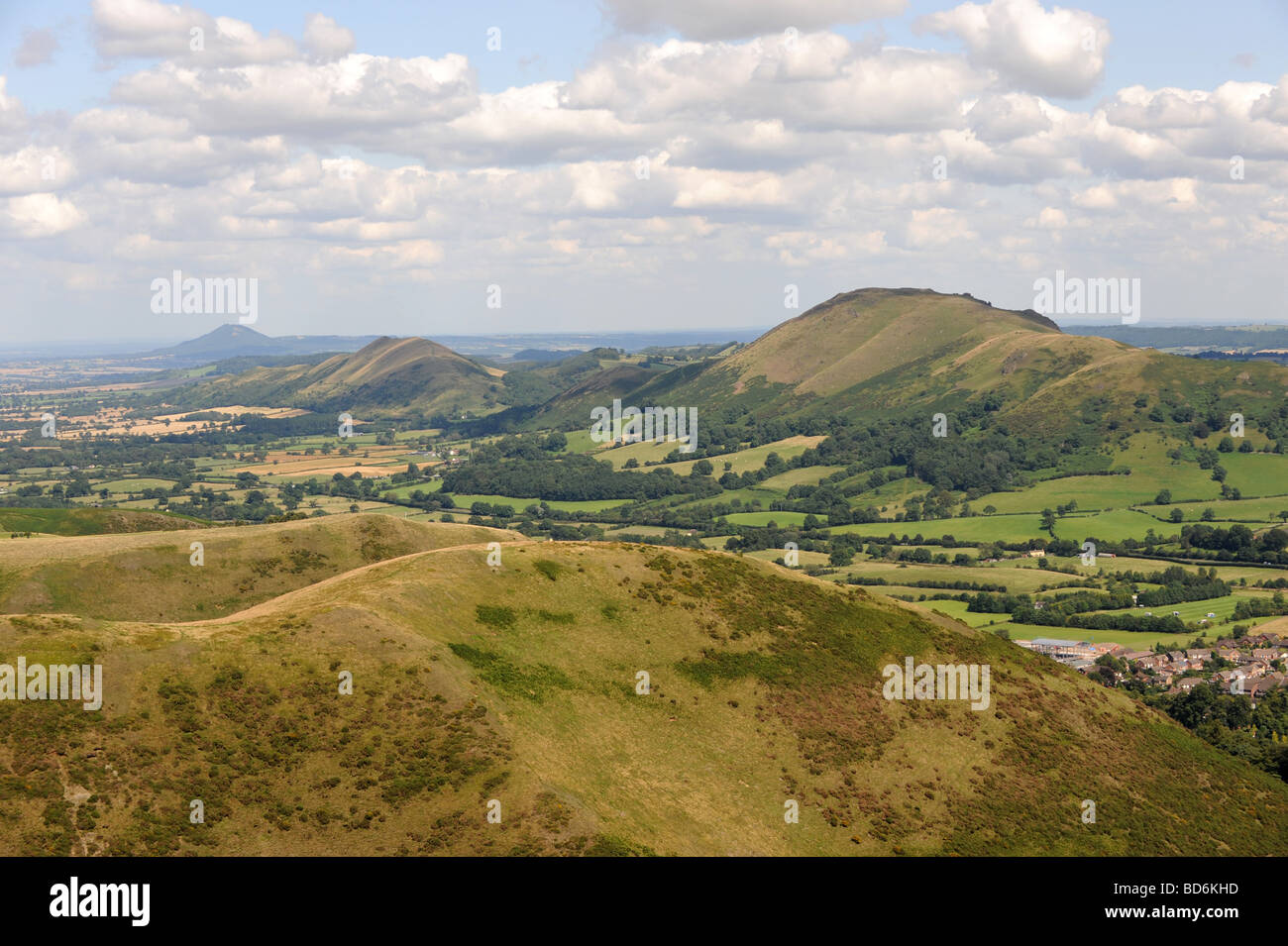 Panoramic view of the Shropshire Hills from the Long Mynd looking ...