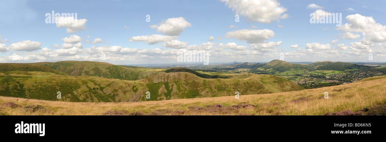 Panoramic view of the Shropshire Hills from the Long Mynd looking ...
