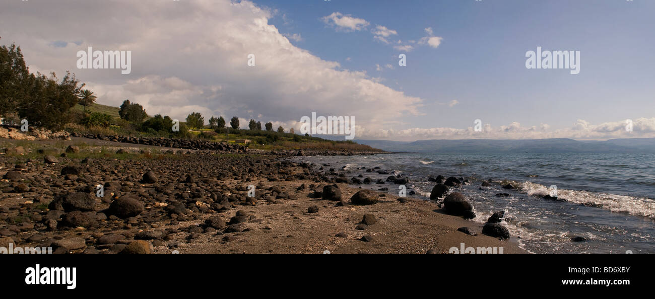 Tabgha coast at the western shore of Sea of Galilee, also Kinneret, or ...