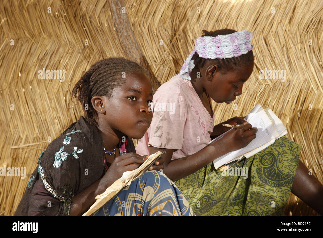 School children, two girls, during lessons, at Lagdo Lake, northern ...