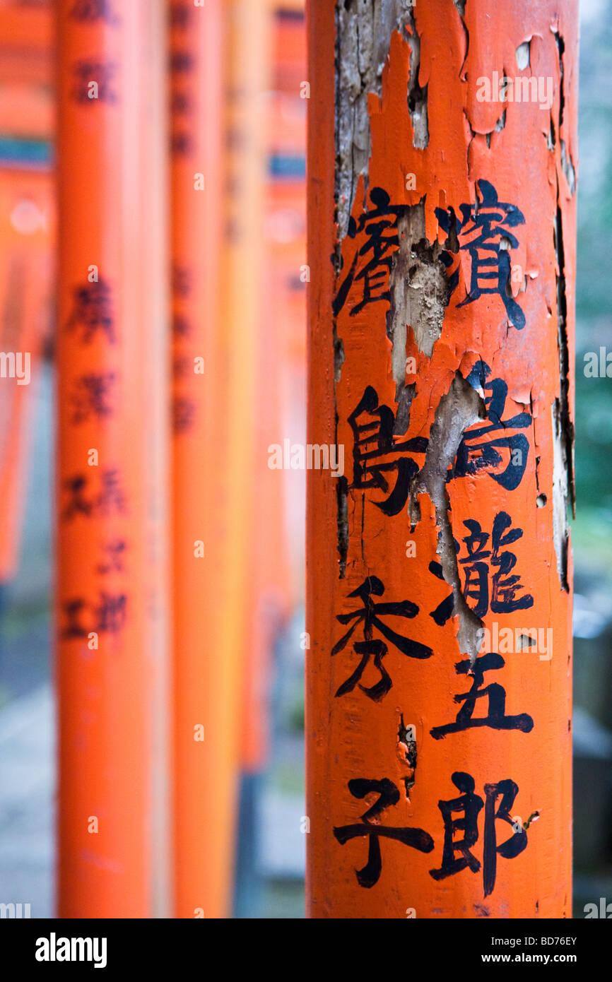 Close up of Japanese script on a row of Torii gates at a temple complex ...