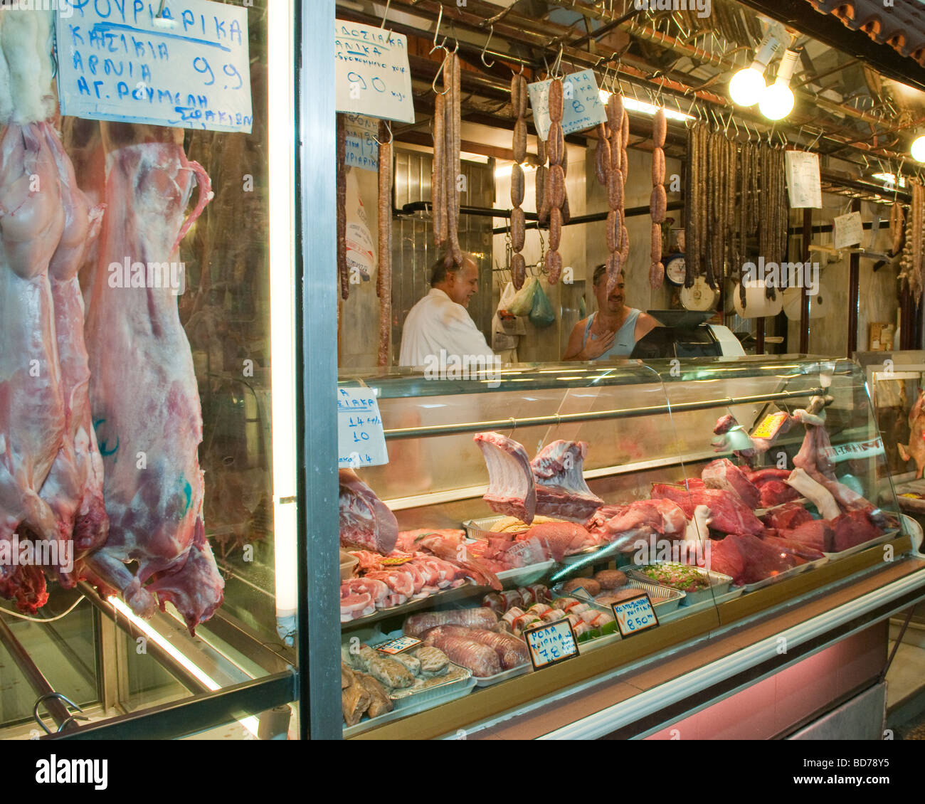Butchers shop at the indoor market in Chania Crete Greece Stock Photo ...