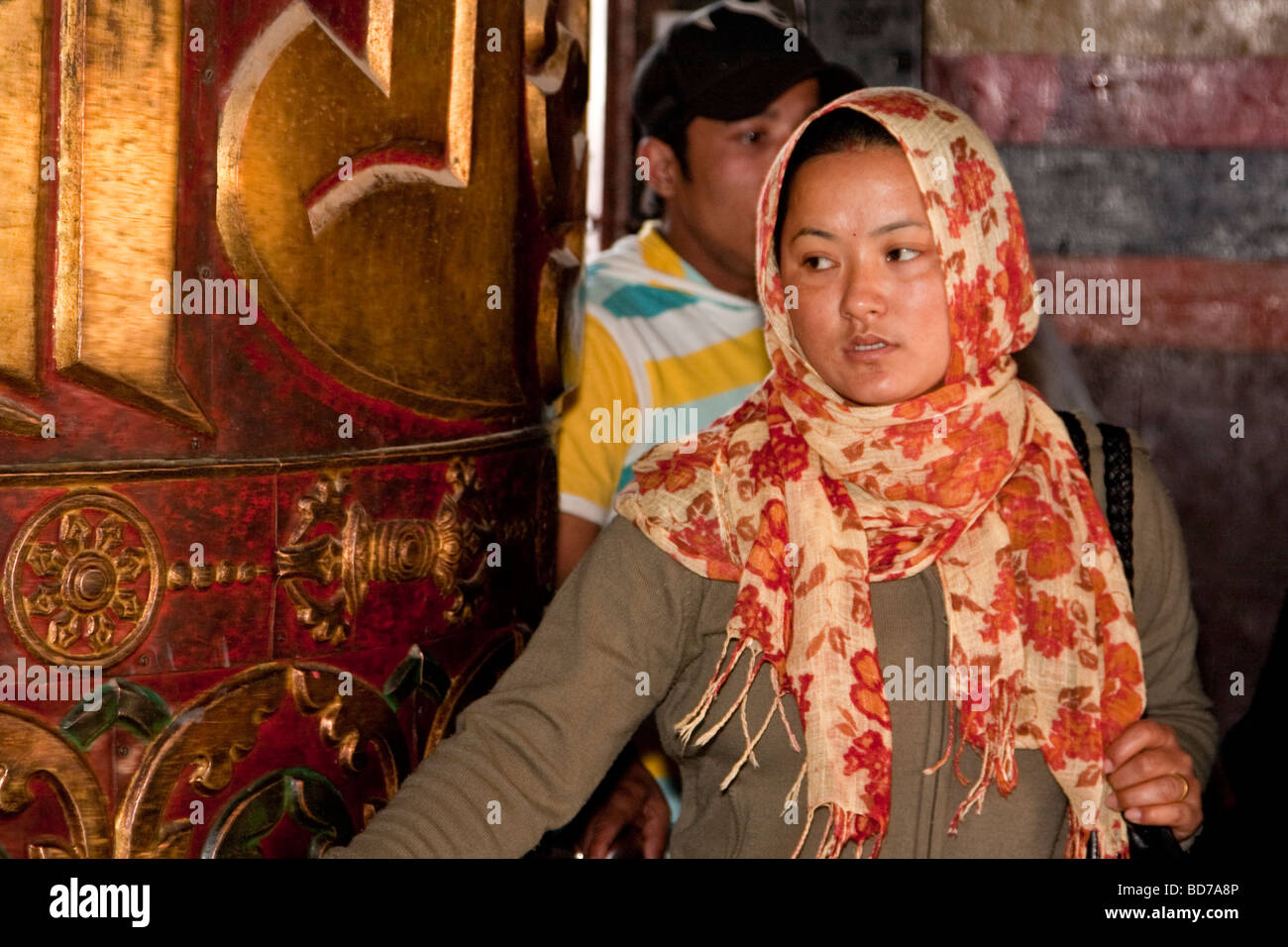 Bodhnath, Nepal. Buddhist Worshiper Turning Prayer Wheel, Tsamchen ...
