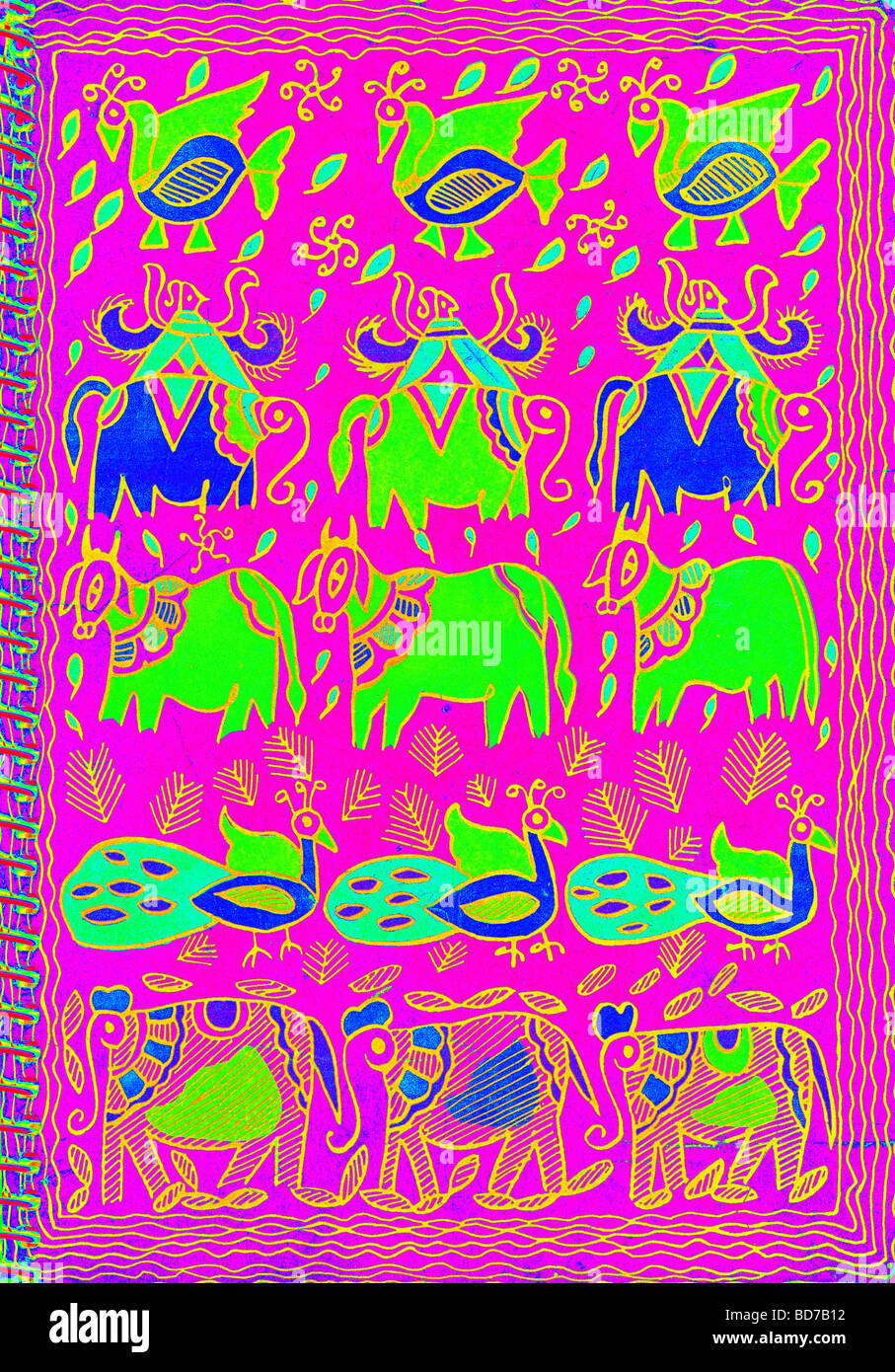 Indigenous, traditional Indian folk art as colored line drawings on ...