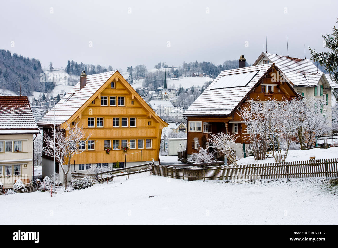 Traditional Appenzell village houses after snowfall, Teufen Appenzell ...