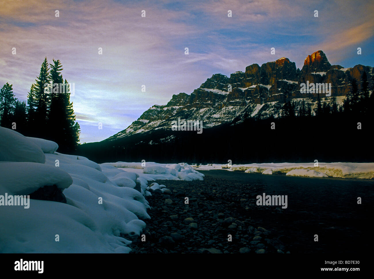 Castle Mountain along Bow River in Bow River Basin in Banff National Park in the Canadian ...