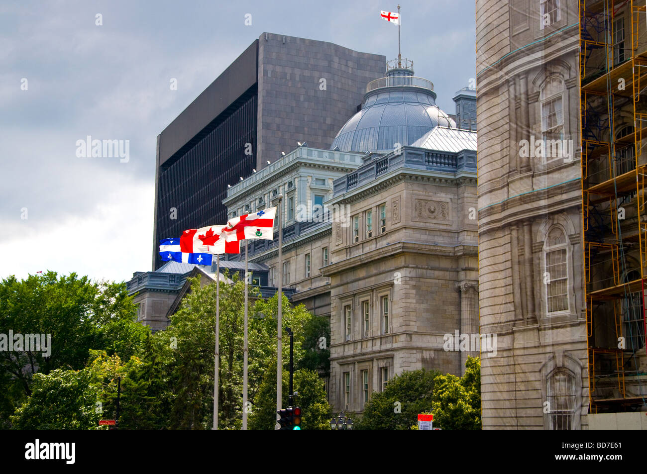 The Montreal flag, along with Quebec and Canada, flying in Old Montreal ...