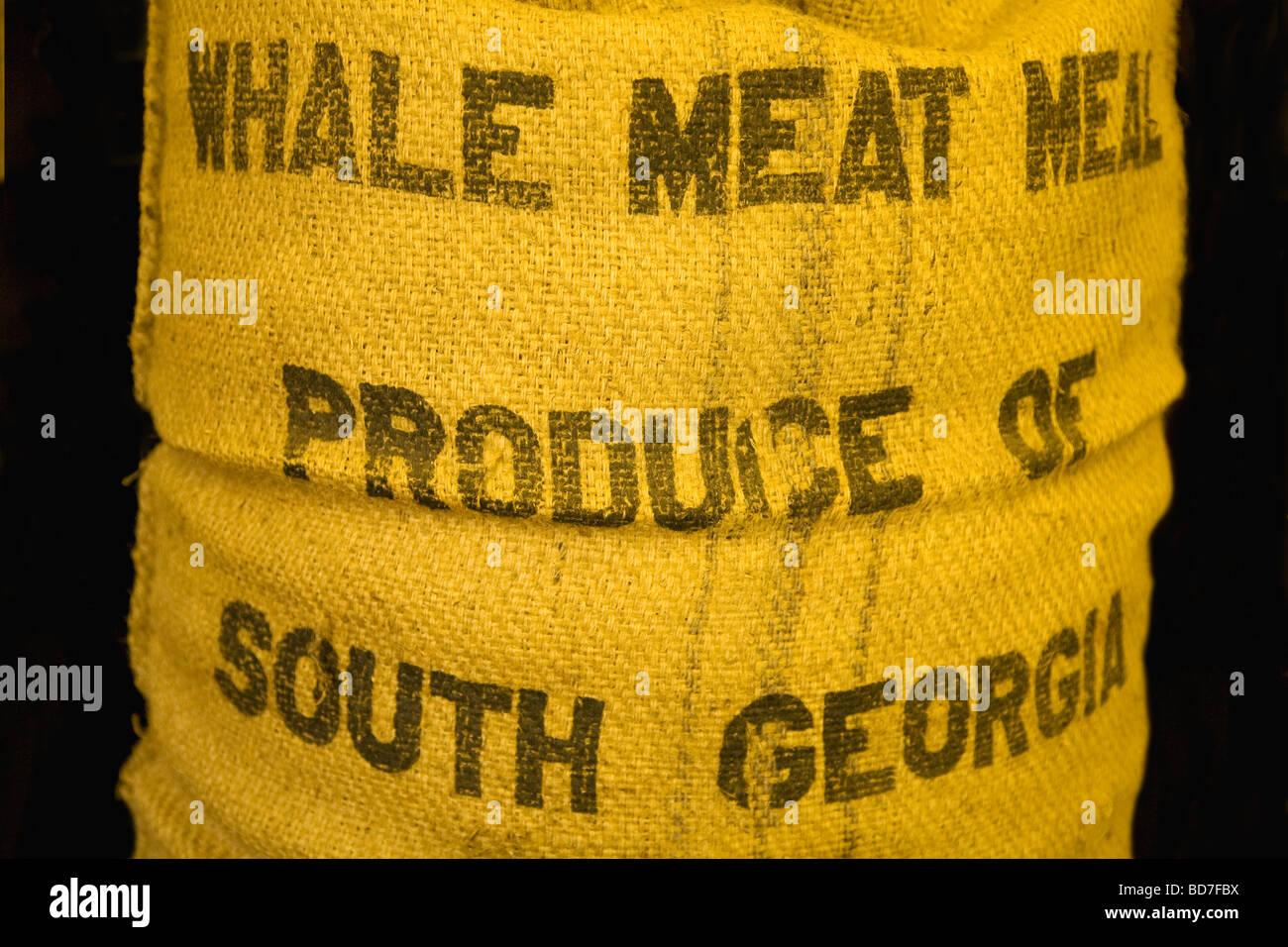 Old whale meat meal sack from whaling museum Grytviken South Georgia ...