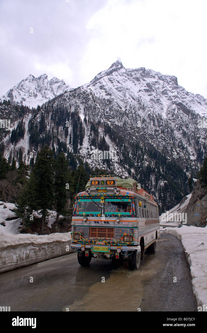 Decorated bus drives through the Sonamarg valley between Srinagar and ...