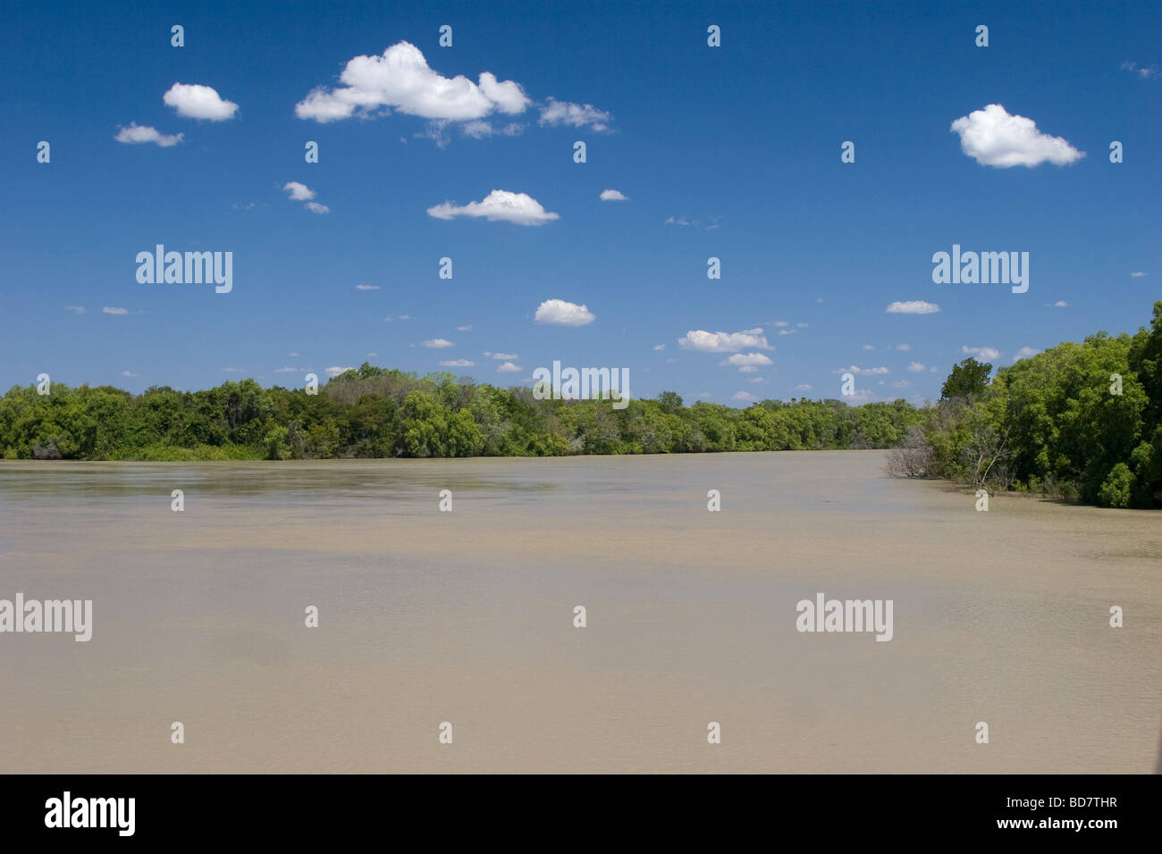 A landscape view of the muddy brown water of the Adelaide River in ...