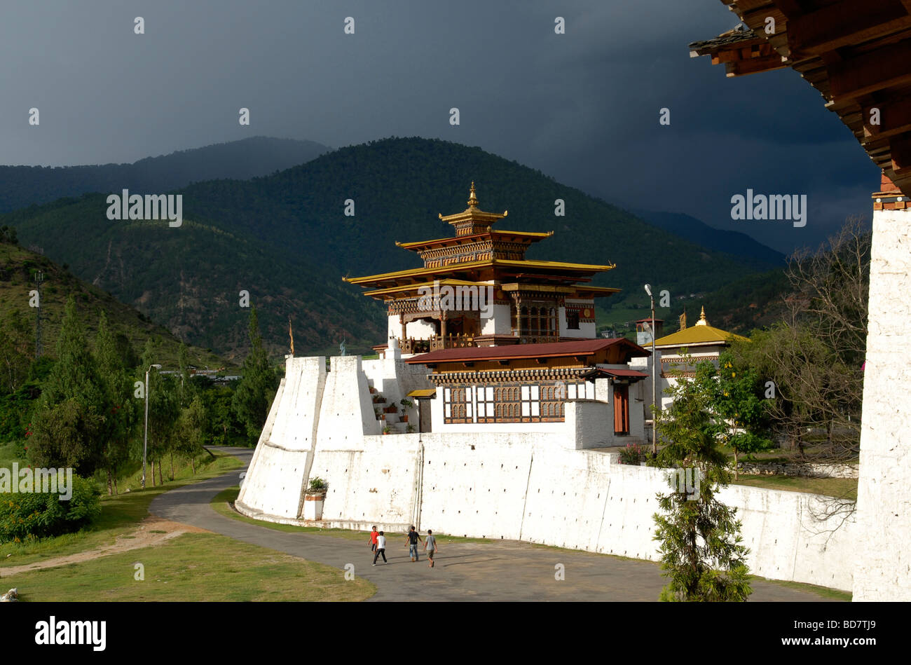 A temple belonging to the Punakha Dzong, Bhutan (sunset light with bad ...