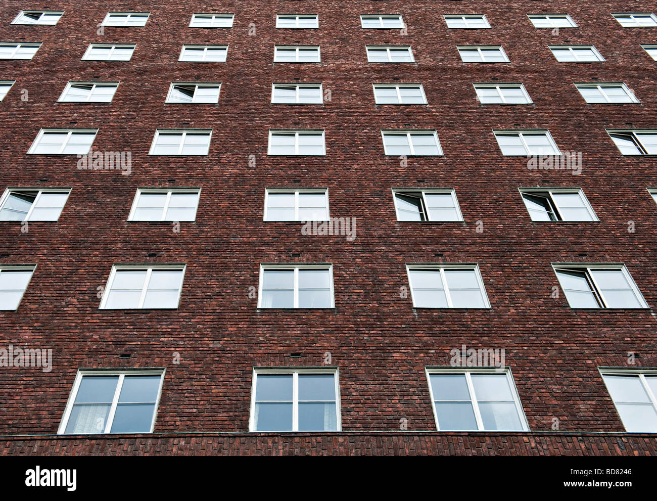 Windows on the brick facade of the modernist City Hall (Radhus) in Oslo ...