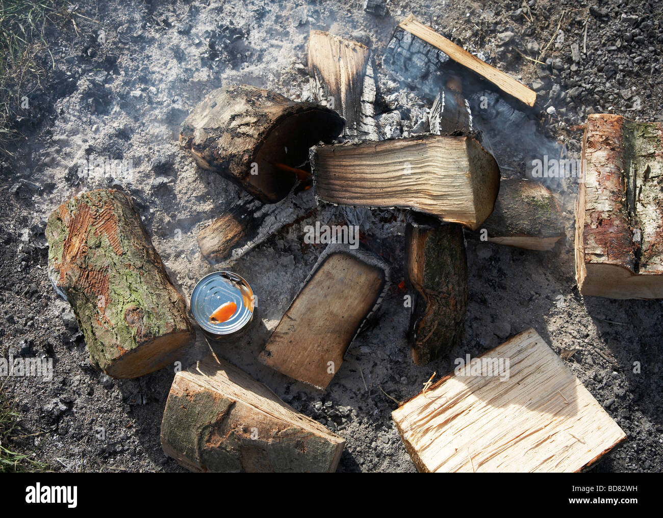 Overhead shot of a tin of baked beans being heated in a campfire Stock ...