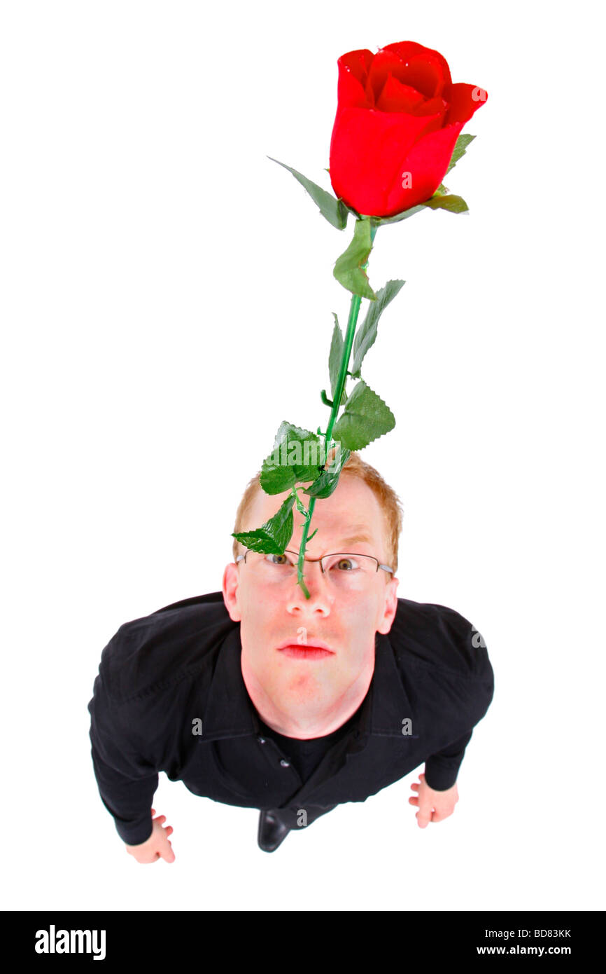 young man balancing a rose on his nose Stock Photo - Alamy