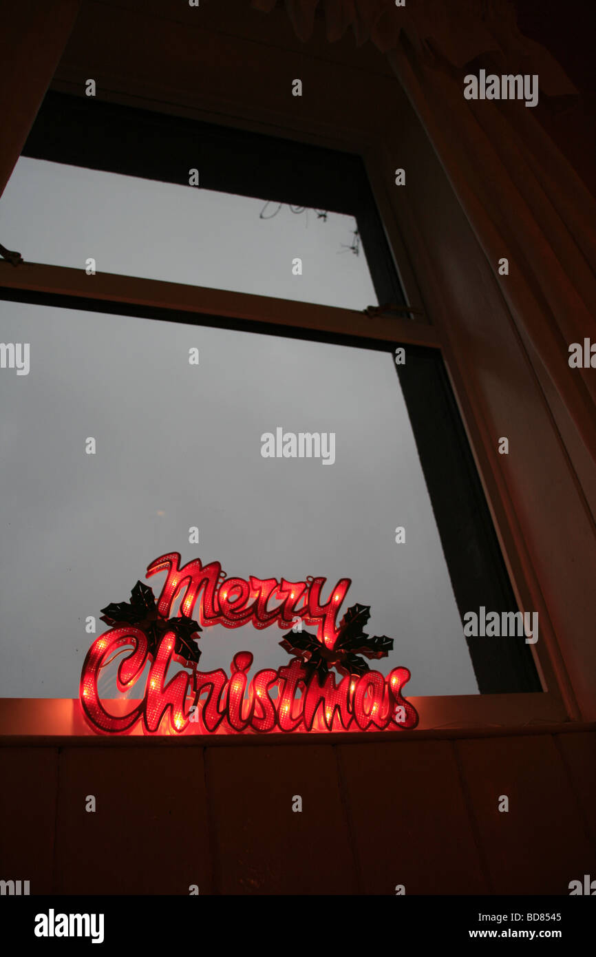merry christmas lights decorations in window Stock Photo - Alamy