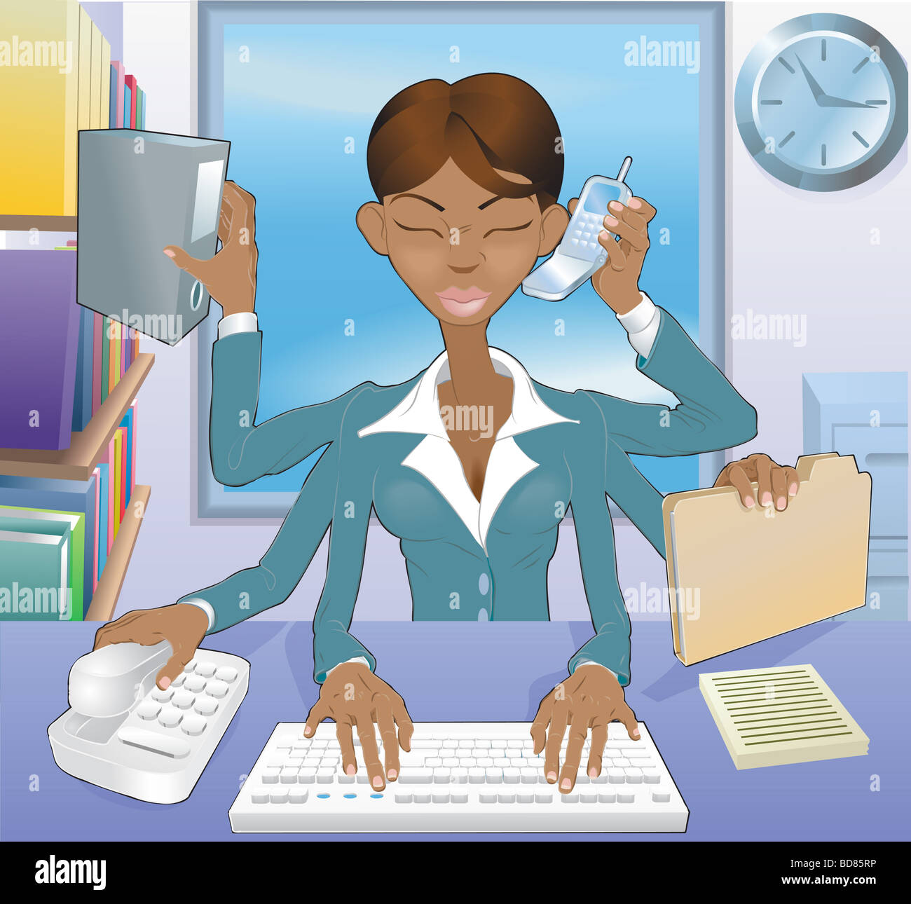 Illustration of multi tasking black business woman in office ...