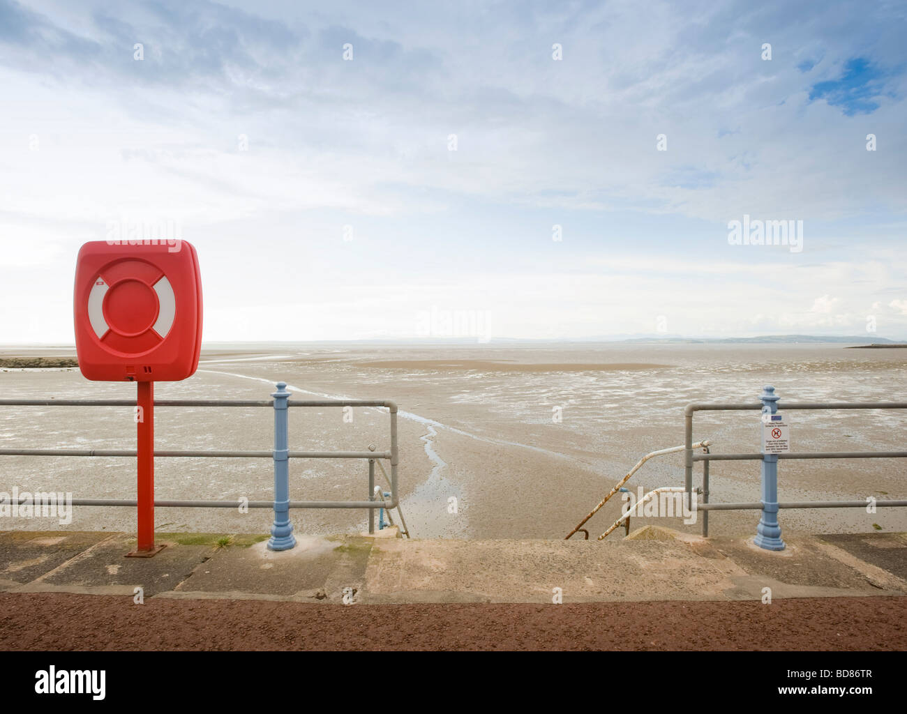 Seafront railings and lifebuoy at Morecambe Bay Stock Photo - Alamy