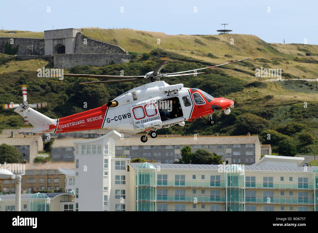 Coastguard rescue helicopter G CGWB on final approach to its base at ...