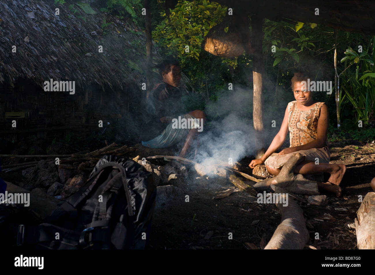 A local family cooking wild pig by Lake Letas on Gaua Vanuatu Stock ...