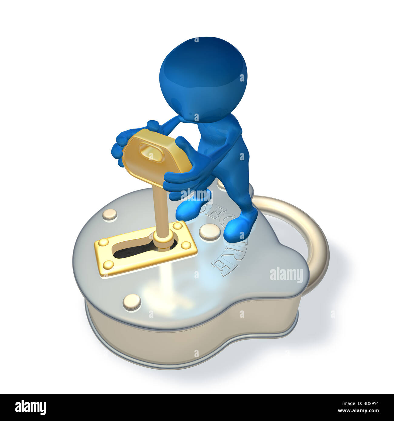 3d render of cute character with padlock and key Stock Photo - Alamy