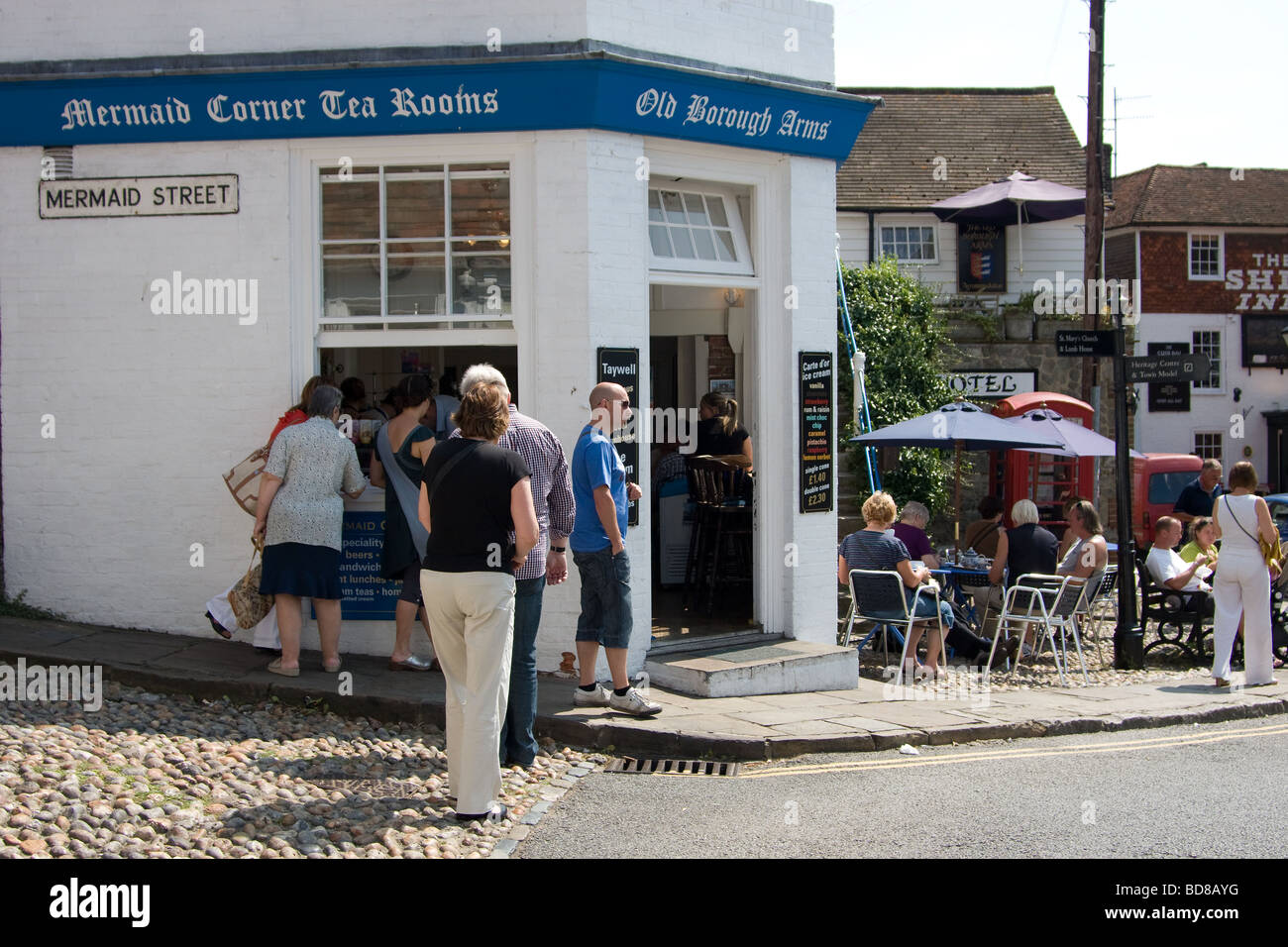 old ancient listed building shop visitors summer Rye town centre east ...