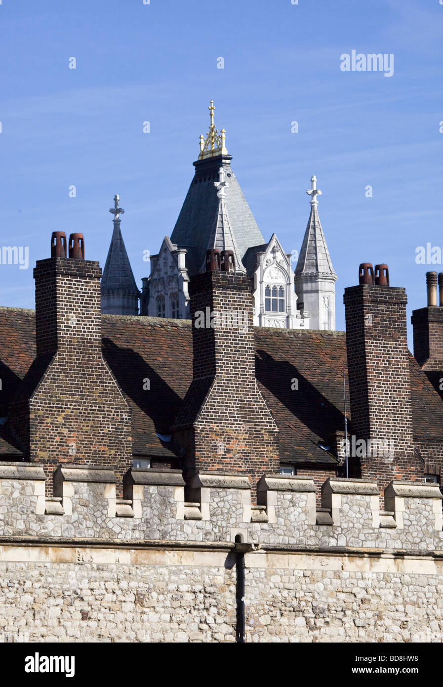 Glimpse of the top of Tower Bridge over the Tower of London Stock Photo ...