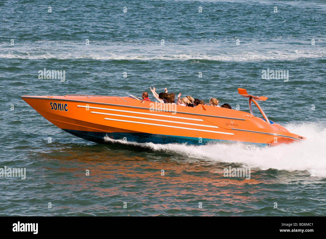 Speedboat with passengers in Bridlington bay, East Yorkshire England ...