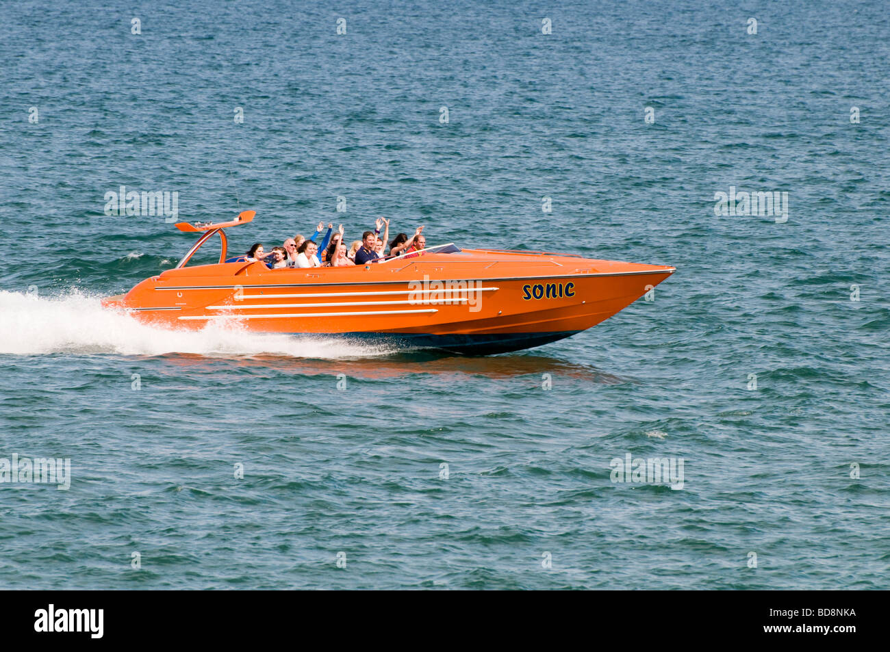 Speedboat with passengers in Bridlington bay, East Yorkshire England ...