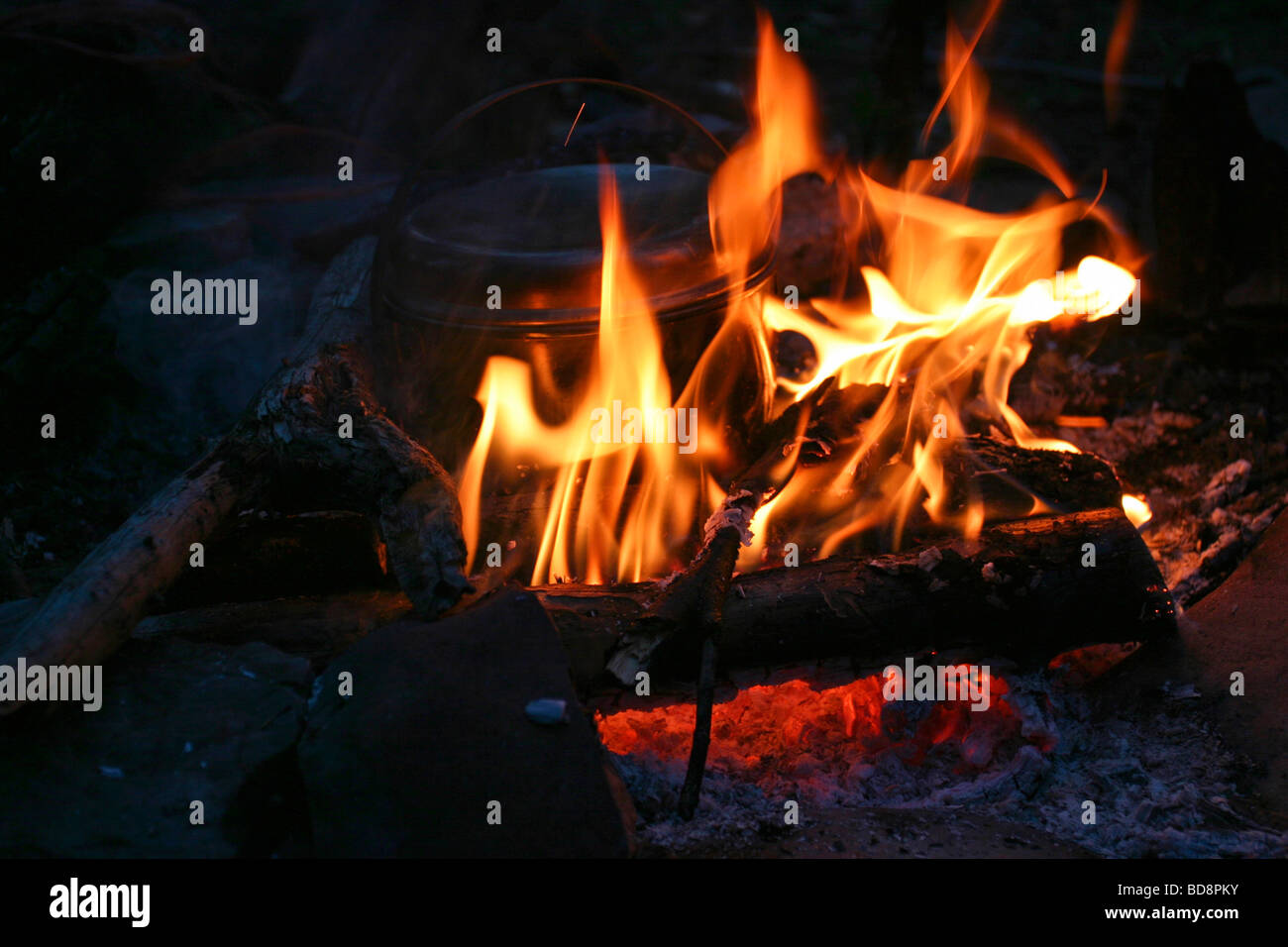 Campfire at night in the Willmore Wilderness Park Canada Stock Photo ...
